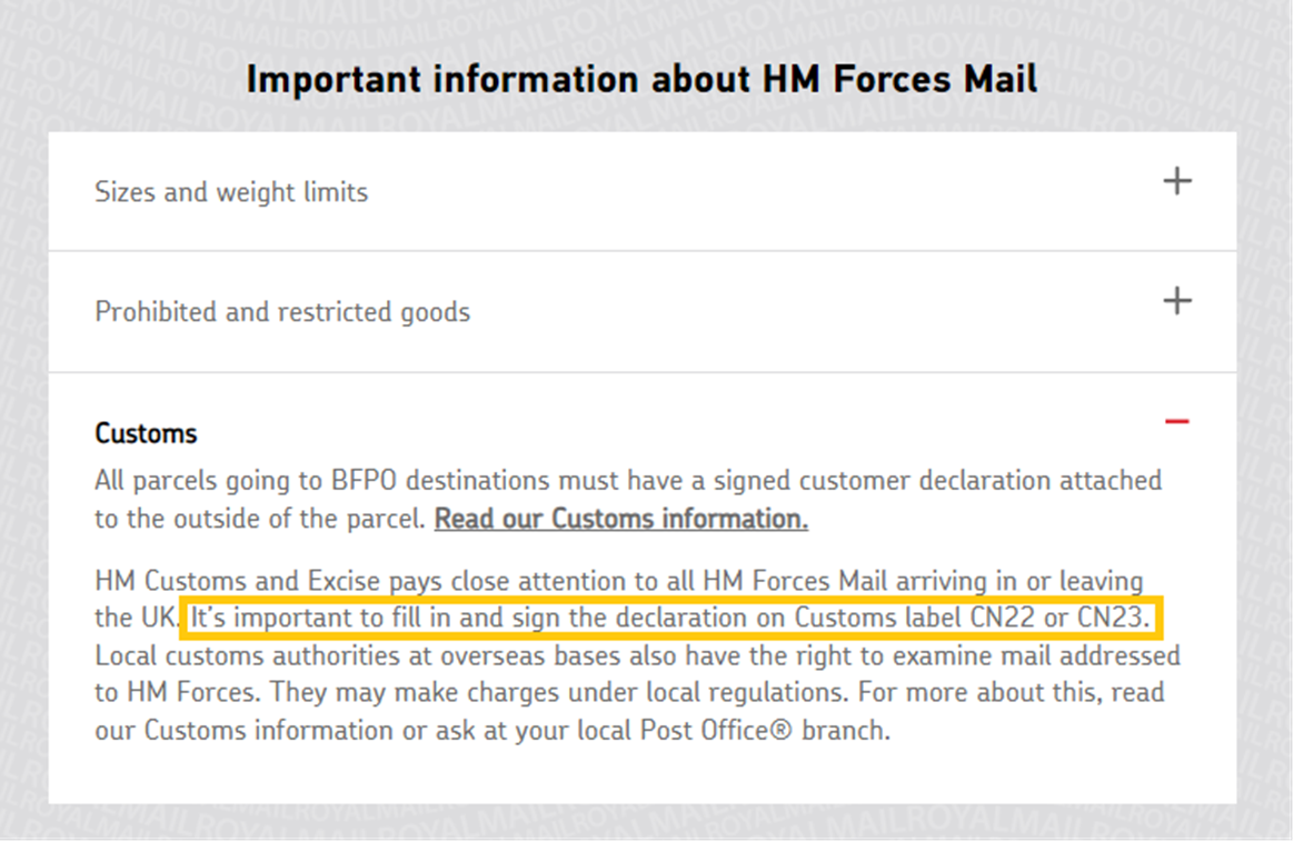 Royal Mail – BFPO destinations / HM Forces Mail